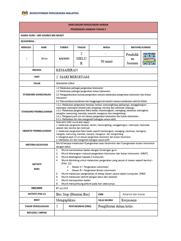 RPH Minggu 3 PJ Tahun 2 | PDF