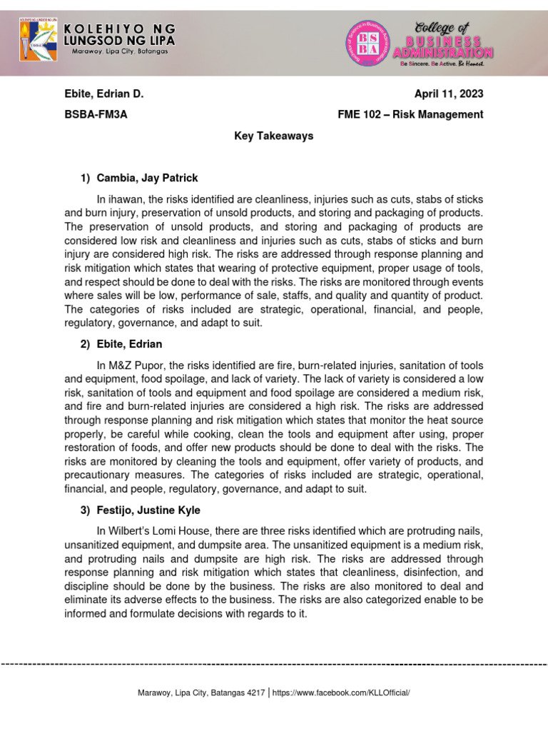 Ebite Edrian D. Key Takeaways | PDF | Risk | Food Safety