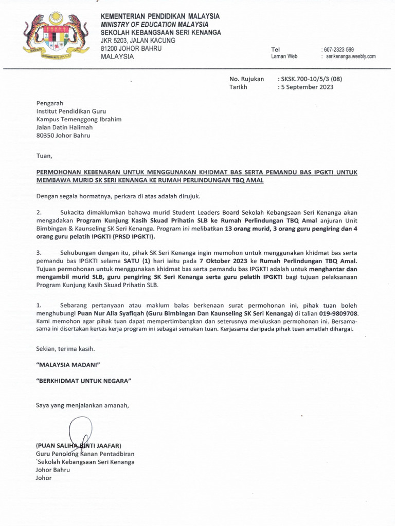 Surat Permohonan Guna Bas Mini Ipgkti | PDF