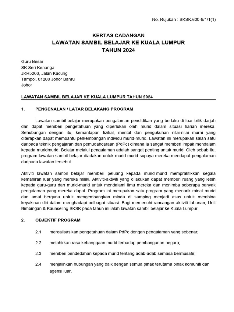 Kertas Kerja Lawatan Sambil Belajar Ke Kuala Lumpur 2024 | PDF