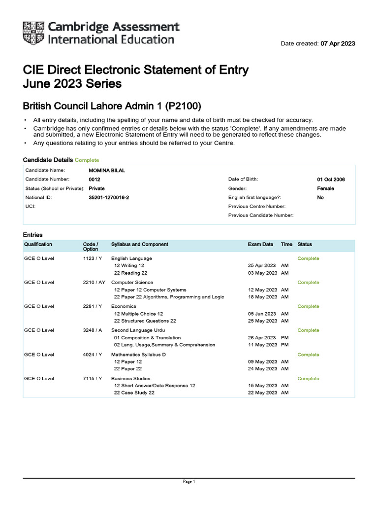 Statement of Entry | PDF | Computing