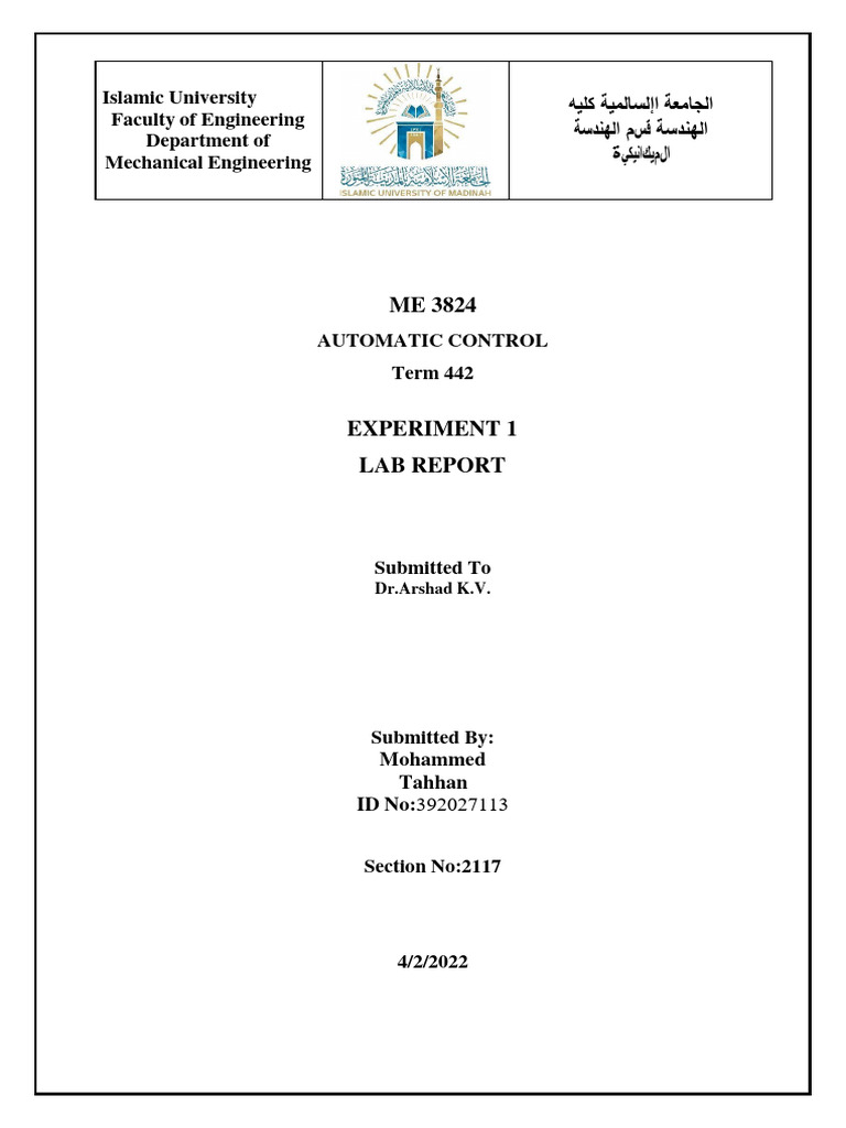 Automatic Control Lab-1 Mohammed Tahhan 3392027113 | PDF | Force ...