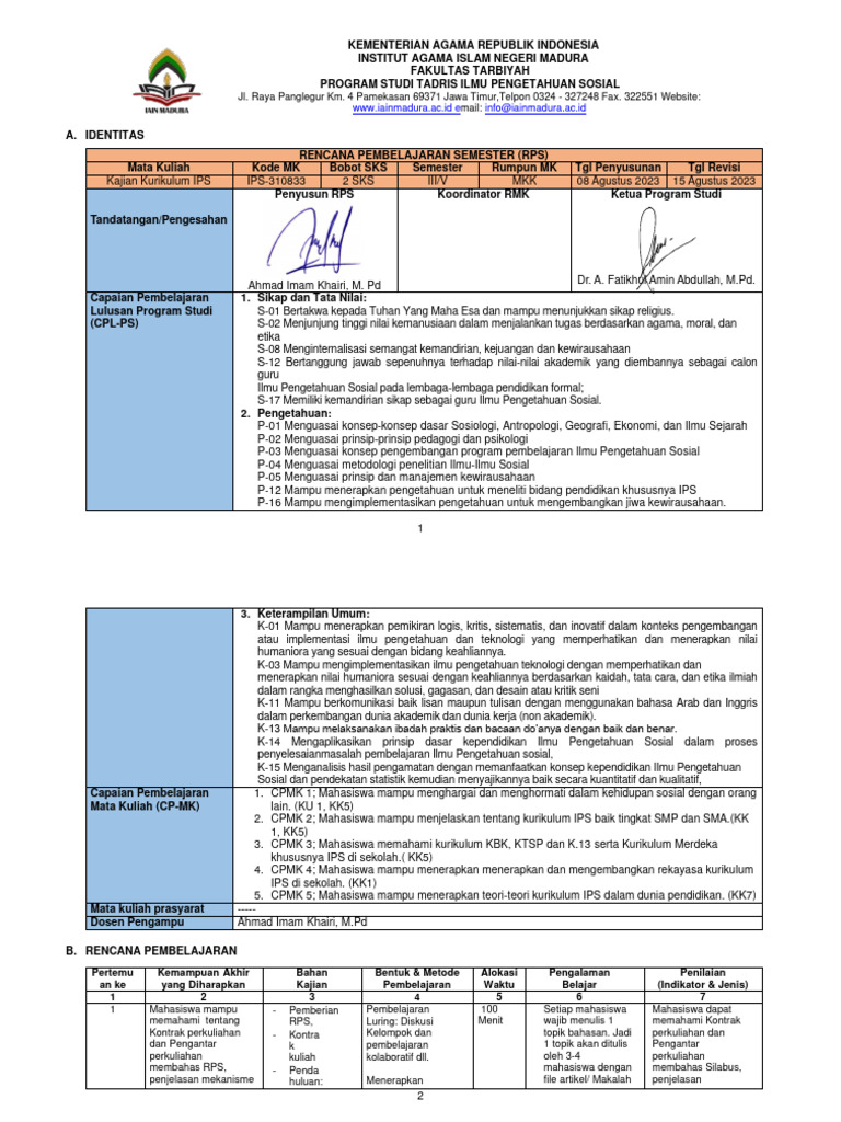 RPS, Sap RT Kajian Kurikulum Ips | PDF