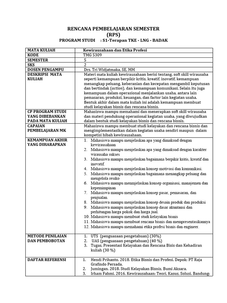 1-RPS Mata Kuliah KEWIRAUSAHAAN DAN ETIKA PROFESI | PDF