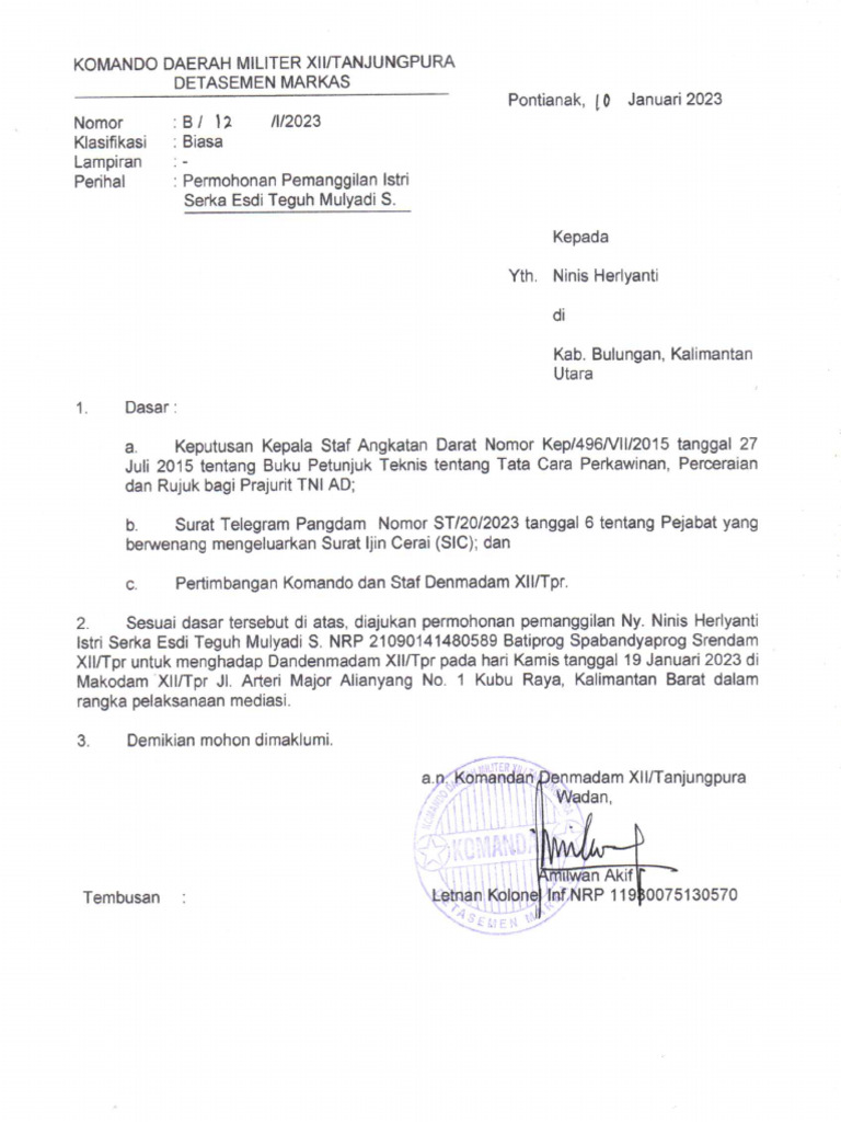 Surat Pemanggilan Istri Serka Esdi Teguh | PDF