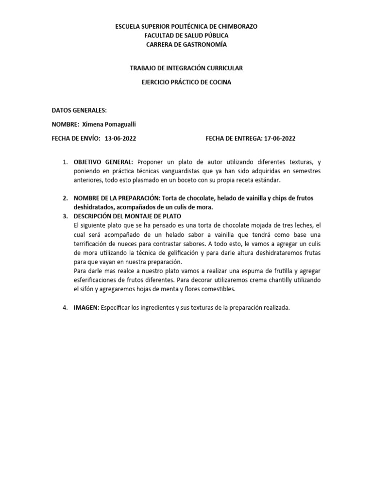 Informe Prática de Cocina | PDF | Cocina, comidas y vino