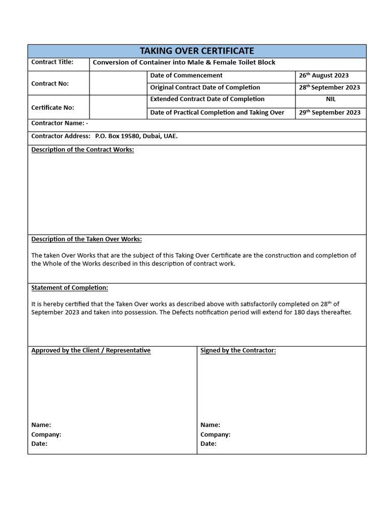 Taking Over Certificate | PDF