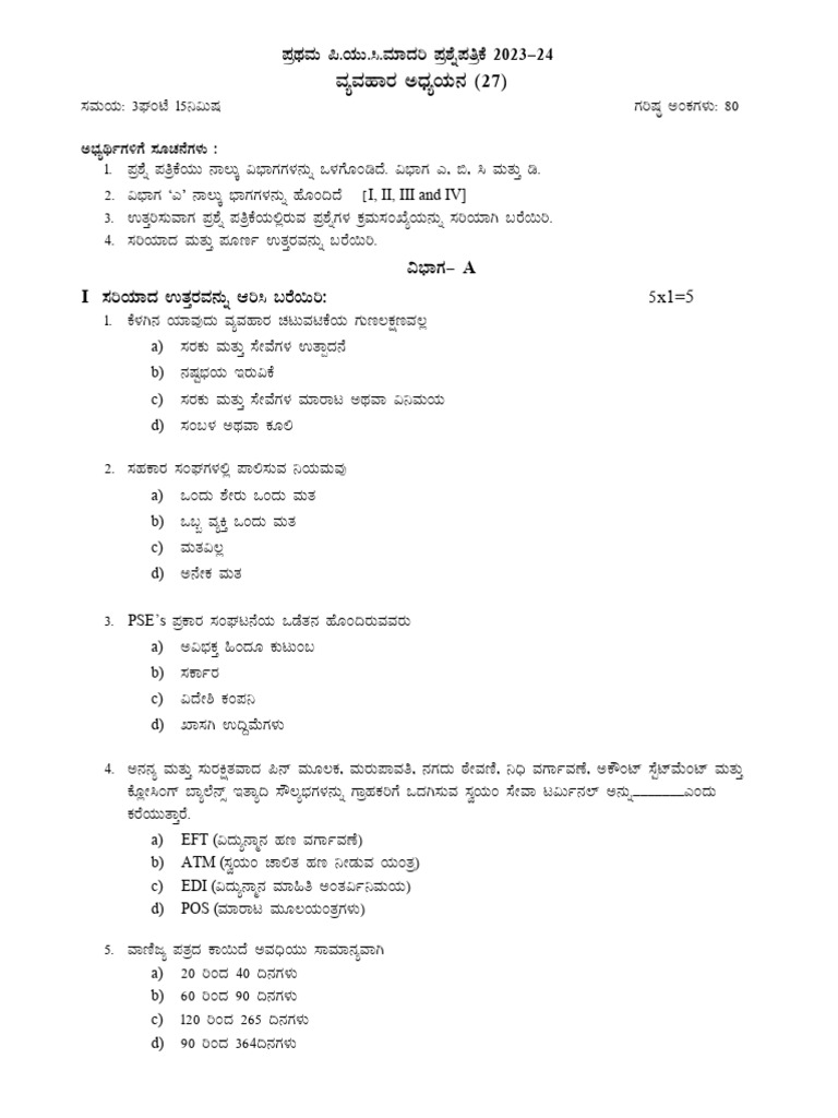 Business Studies Model QP I Puc 2023-24 PDF | PDF