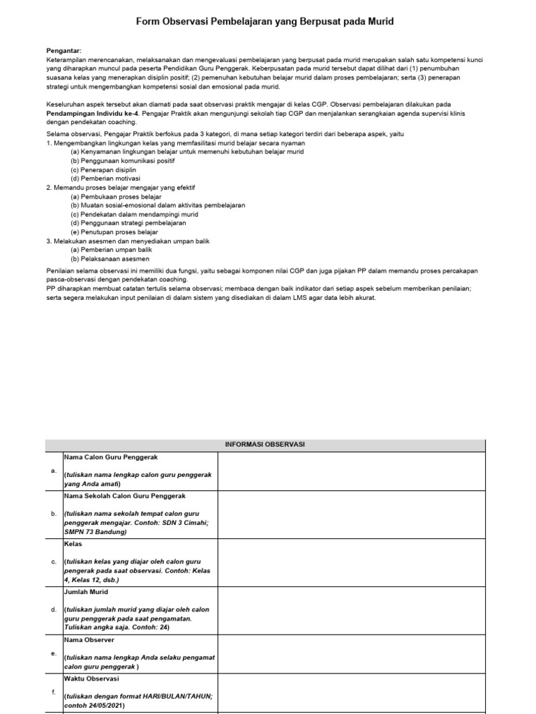 Instrumen Observasi Pembelajaran Yang Berpusat Pada Murid-PI 4 | PDF | Karier & Perkembangan