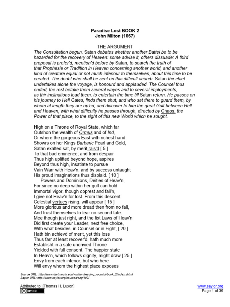 ENGL402 Milton Paradise Lost Book 2 | PDF | Paradise Lost | Hell