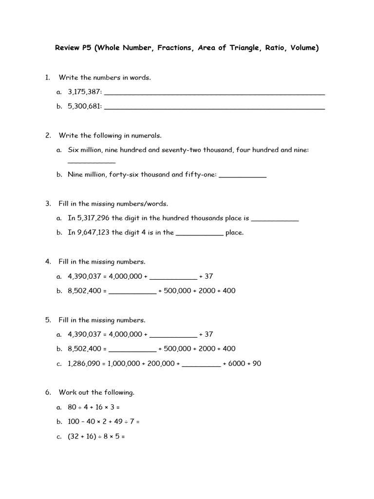 P5 - Review PAS (Whole Number, Fractions, Area of Triangle, Ratio ...