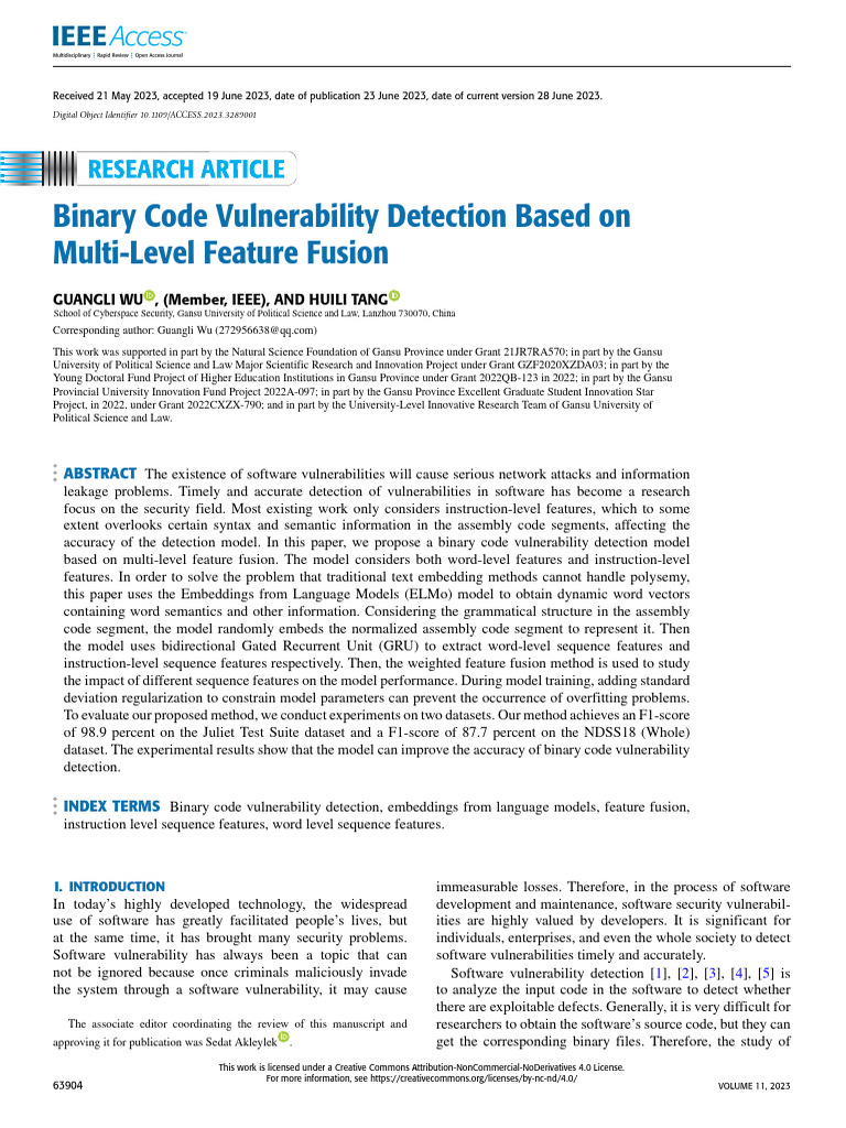 Binary Code Vulnerability Detection Based On Multi Level Feature Fusion Pdf Deep Learning