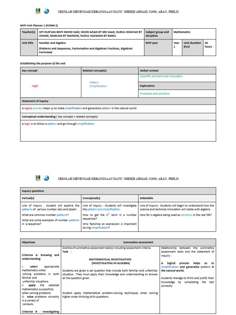 MYP Unit Planner 1 (F2) | PDF
