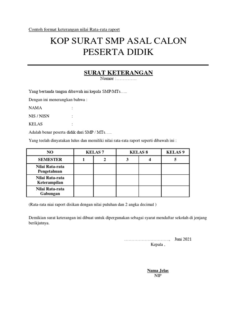 Contoh Format Keterangan Nilai Rapor | PDF