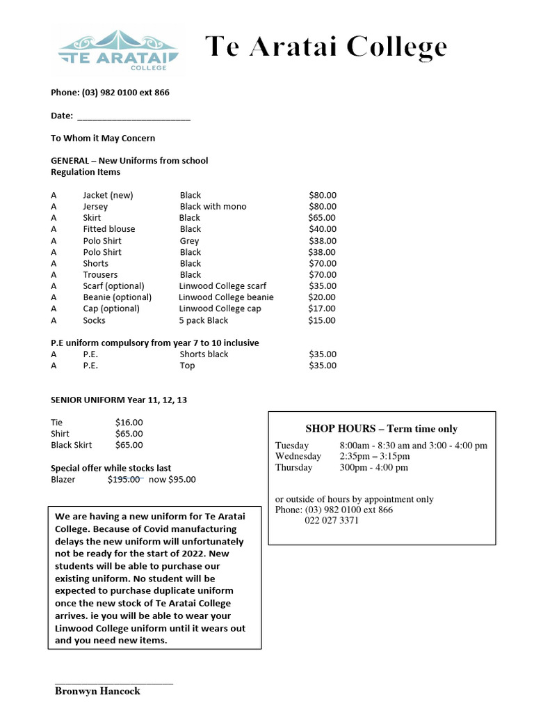 Te Aratai College Uniform Pricing 2025 | PDF