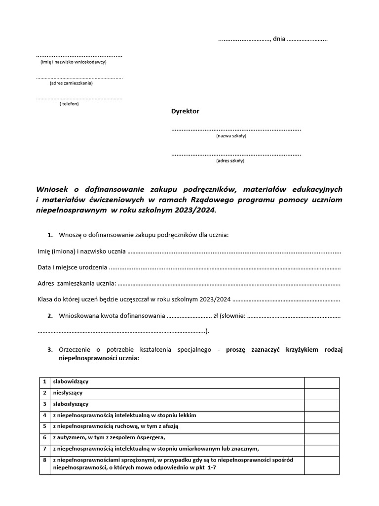 WNIOSEK o Dofinansowanie Zakupu Podrecznikow Materialow Edukacyjnych I Materialow Cwiczeniowych ...