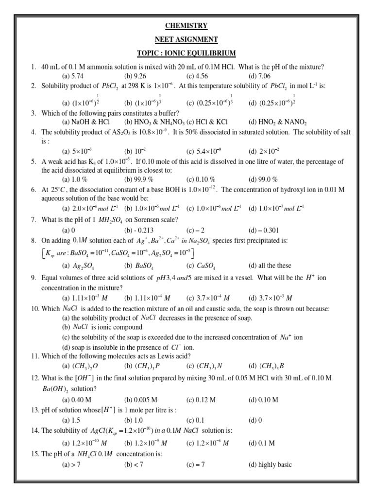 (Chap No7) Ionic Equilibrium Che Neet Assignment | PDF