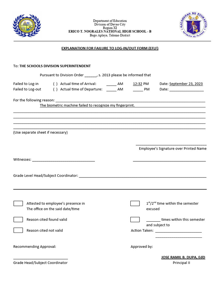 Explanation For Failure To Log in Out Form EFLF | PDF