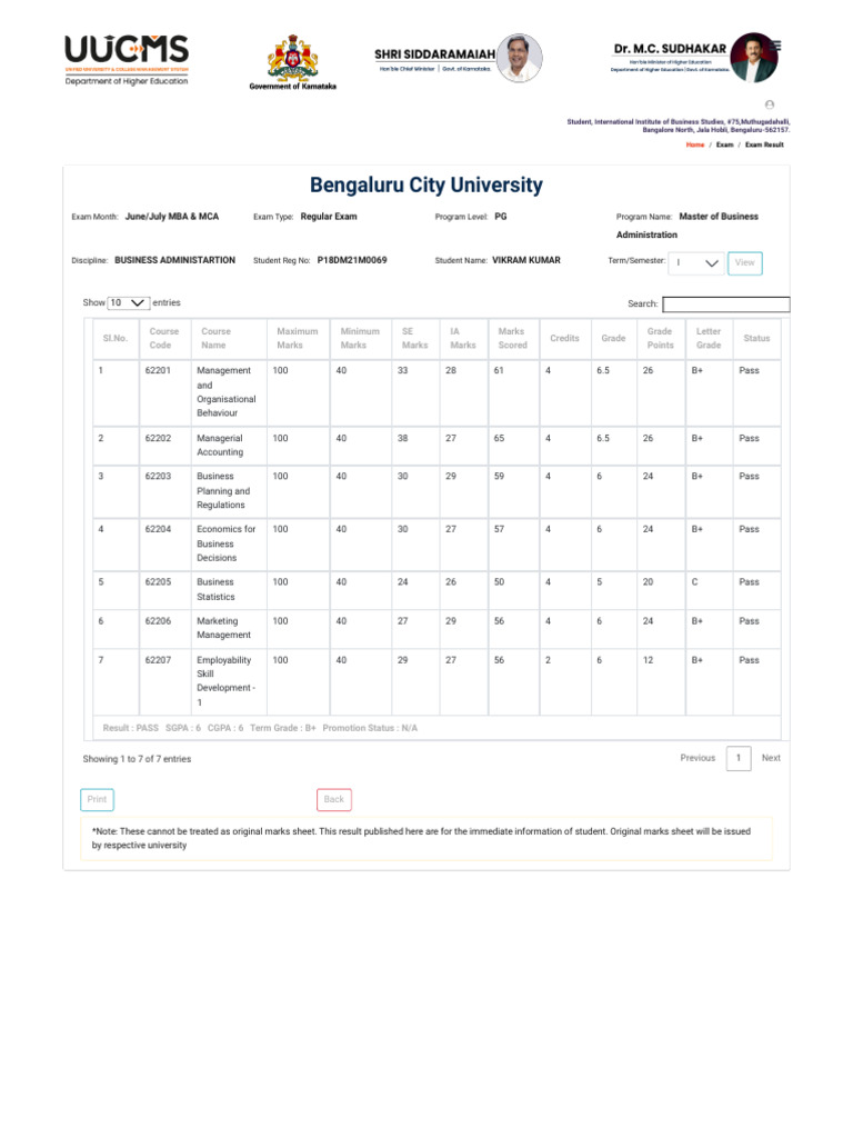 MBA 1st Semester Results Vikram Kumar | PDF | Master Of Business ...