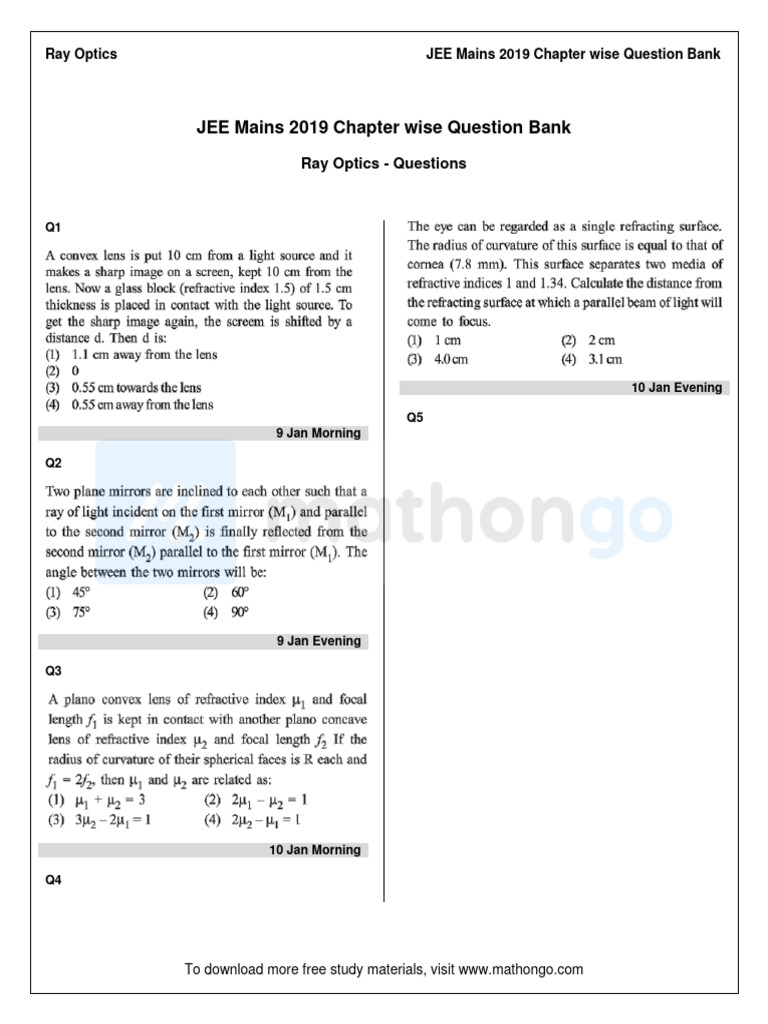 RAY Optics Past 5 Years Jee Main Pyq | PDF | Mirror | Refractive Index