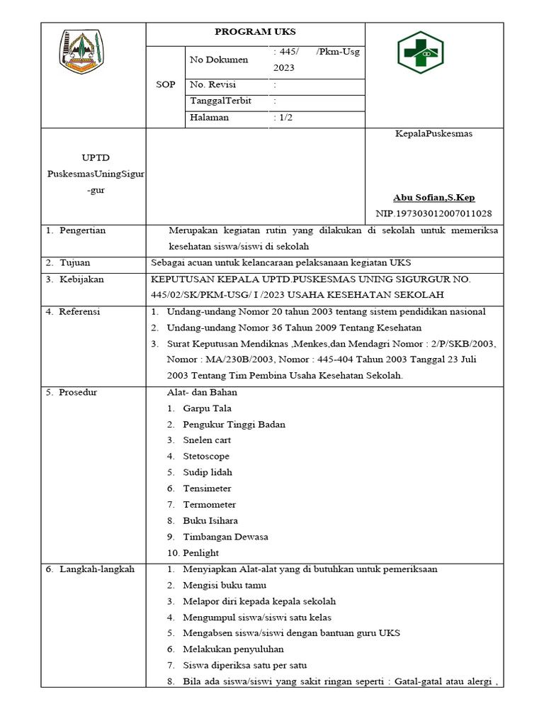 SOP Program UKS | PDF