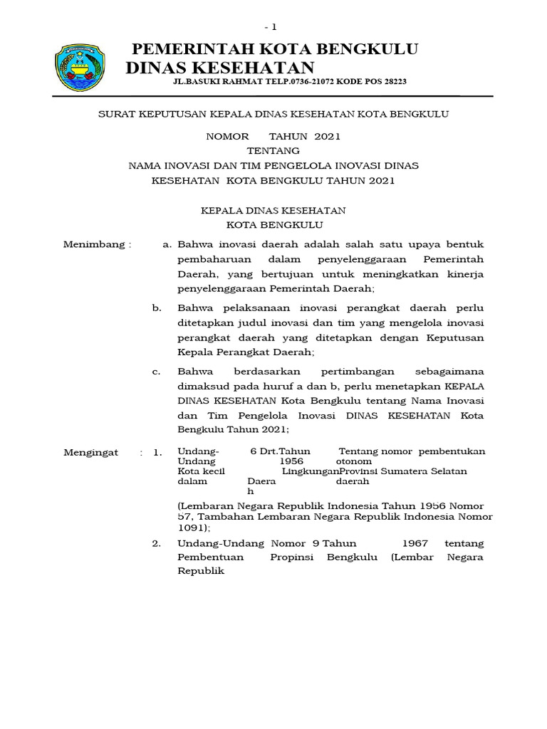 SK NAMA INOVASI DAN TIM PENGELOLA INOVASI DAERAH PUSKEMAS Betungan | PDF