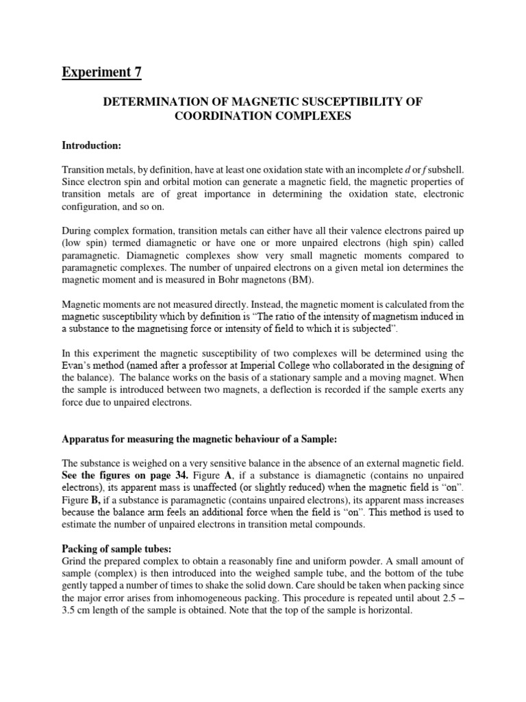 Experiment 6 - Determination of Magnetic Susceptibility of Coordination Complexes | PDF ...