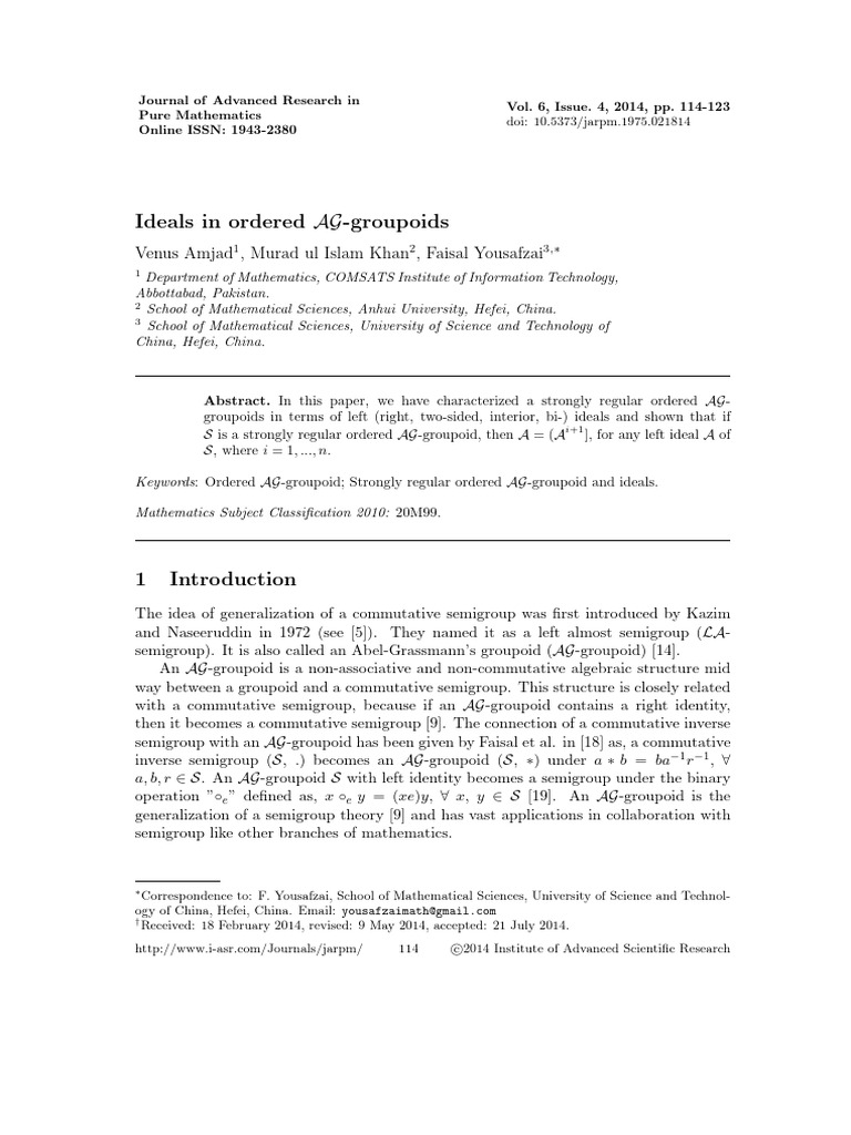 2014 Ideals in Ordered AG-groupoids | PDF | Theorem | Algebraic Structures