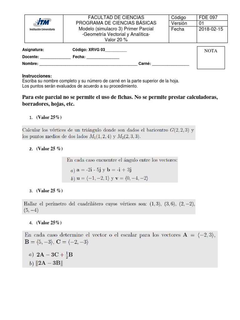 Simulacro-3-Parcial-1-Geometria Vectorial Itm | PDF
