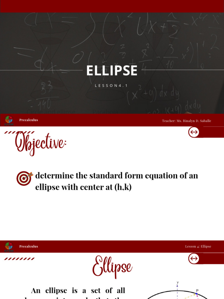 Standard Equation of Ellipse at (h,k) | PDF | Ellipse | Geometry