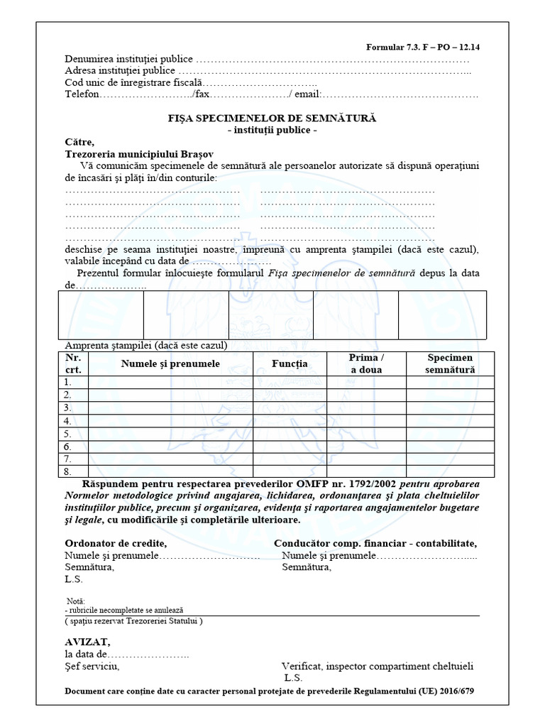 PO 12.14 - Formular 7.3. - Fisa Specimenelor de Semnatura Institutii Publice - TrezBV | PDF