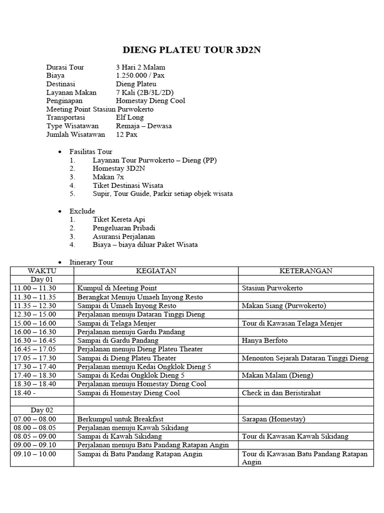 Dieng Plateu Tour 3D2N | PDF