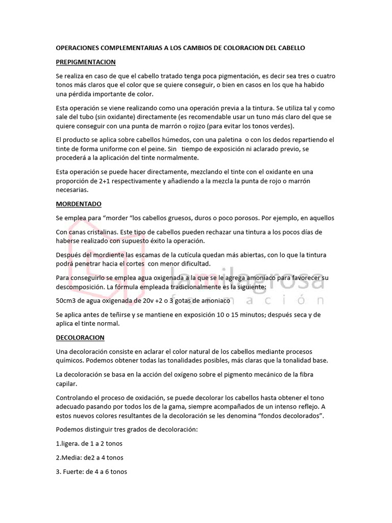 Operaciones Complementarias A Los Cambios de Coloracion Del Cabello | PDF | Pelo | Peróxido de ...