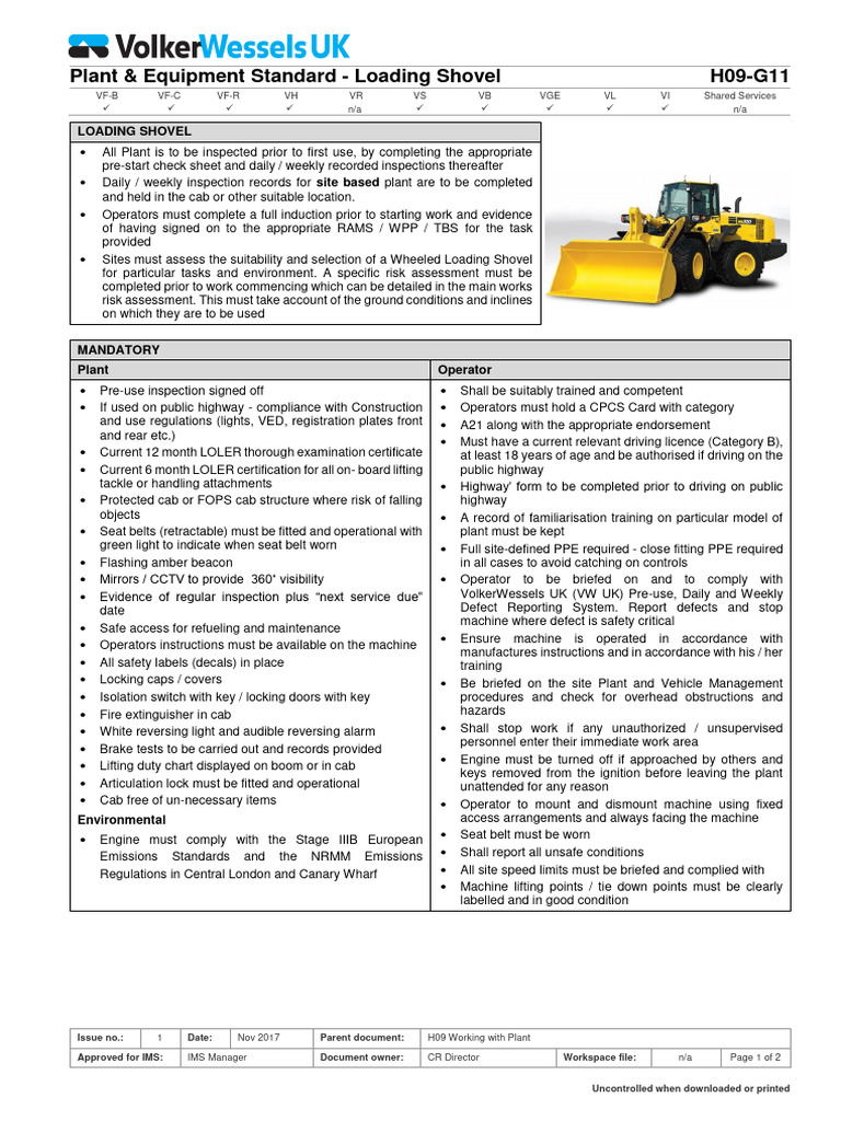 H09-G11 Plant & Equipment Standard - Loading Shovel | PDF