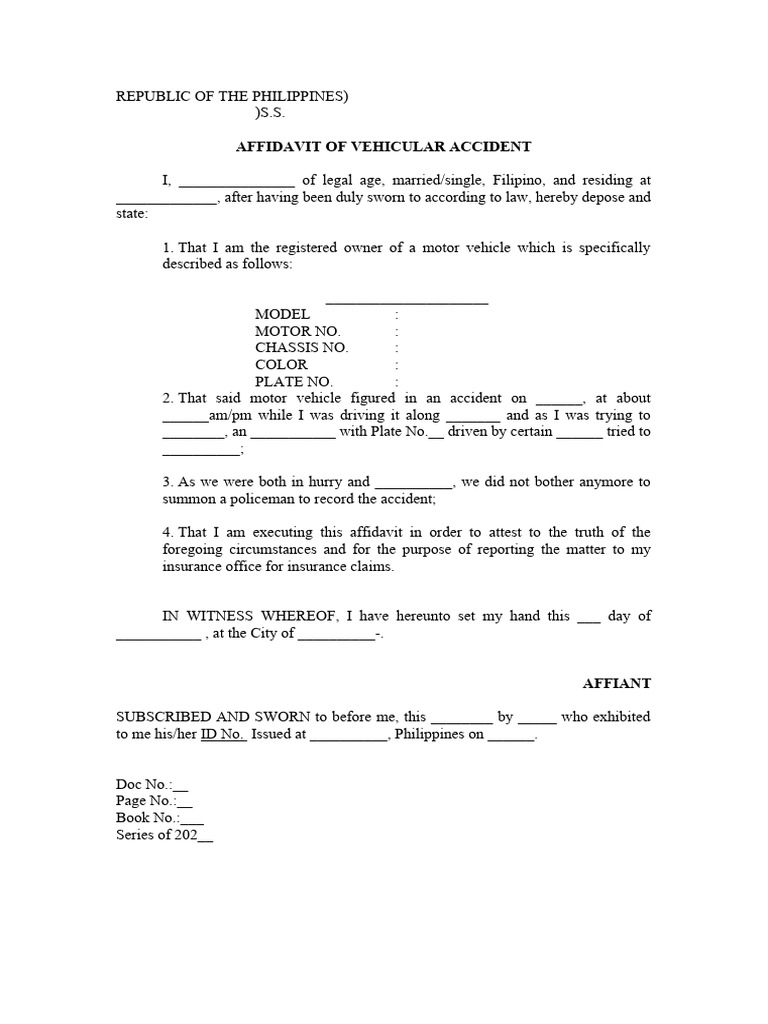 Affidavit of Vehicular Accident Form | PDF