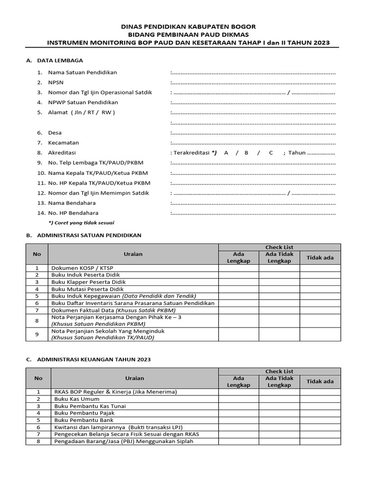 Instrumen Monitoring Bop 2023 Okt_revisi | PDF