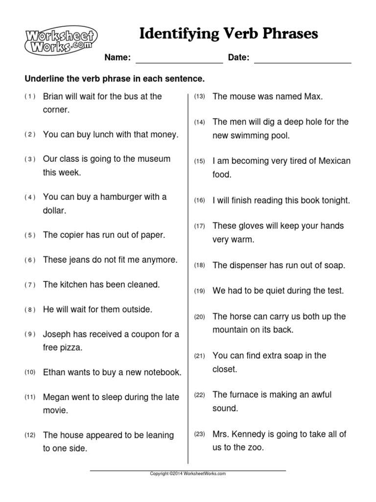Worksheetworks Identifying Verb Phrases 1 | PDF