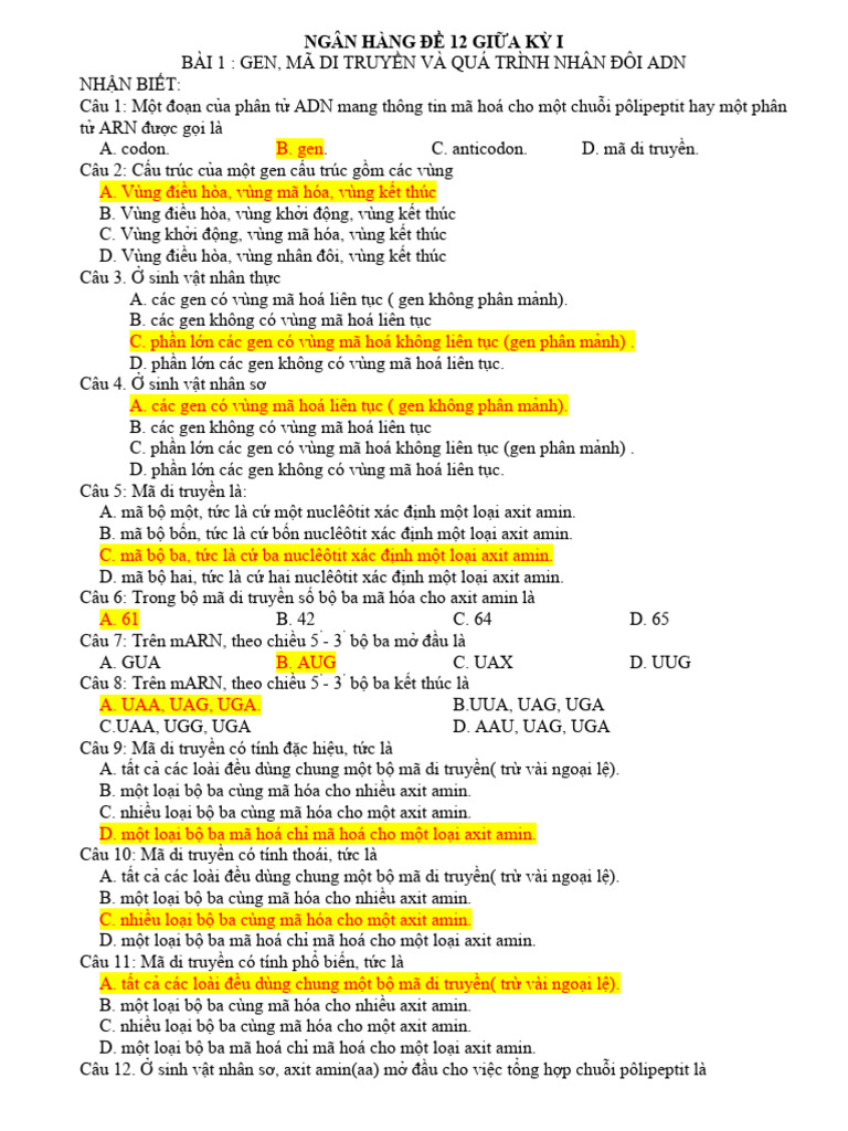 Ngân Hangf Sinh Gi A K 12 Cũ | PDF