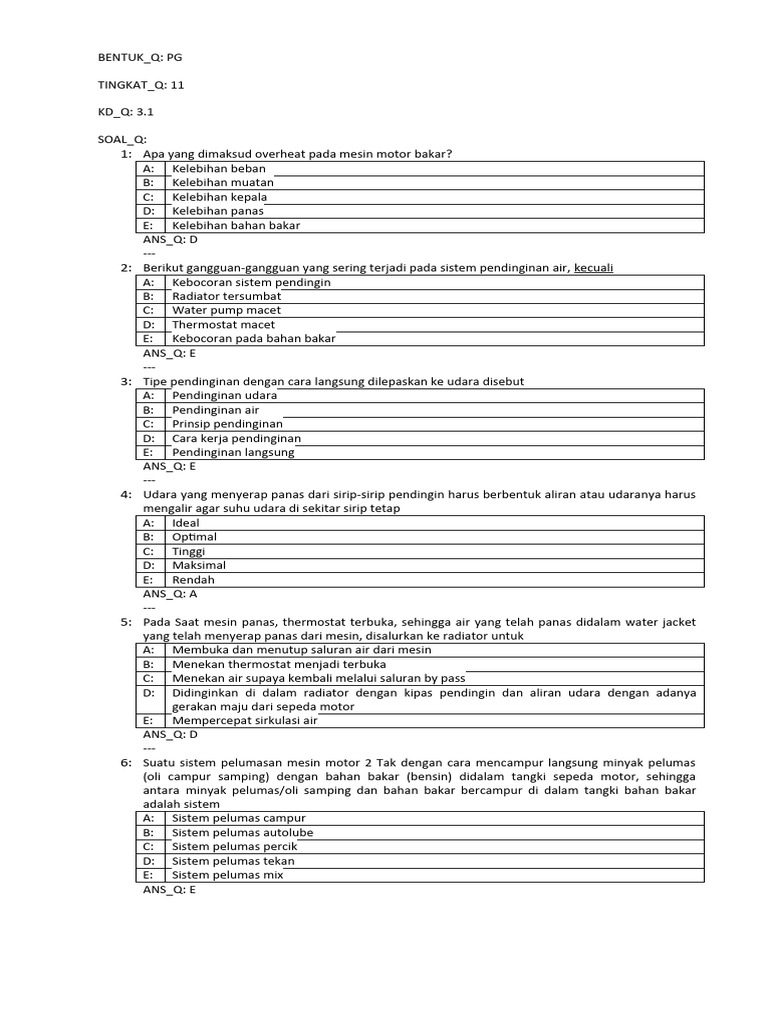 PAS GENAP - Soal Pilihan Ganda PMSM Kelas XI TBSM | PDF