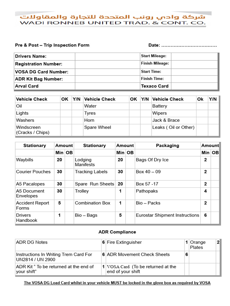 Pre & Post Trip Inspection Checklist | PDF | Manufactured Goods | Transport