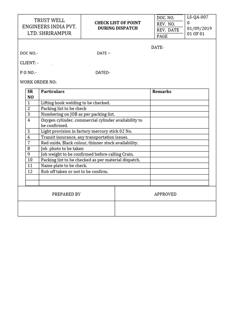 Ls-Qa-007-Check List of Point During Dispatch | PDF