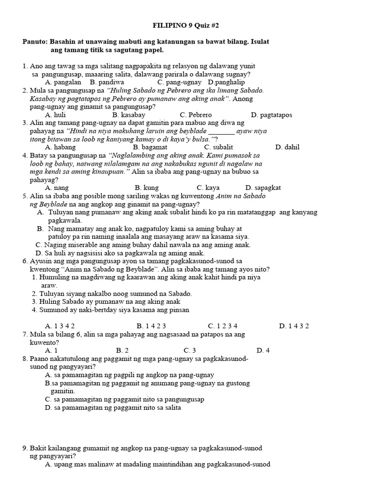 FILIPINO 9 Quiz # 2 | PDF
