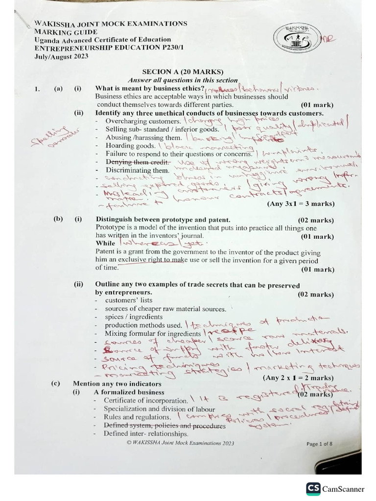 Wakisha. Ent 1. Marking Guide. | PDF