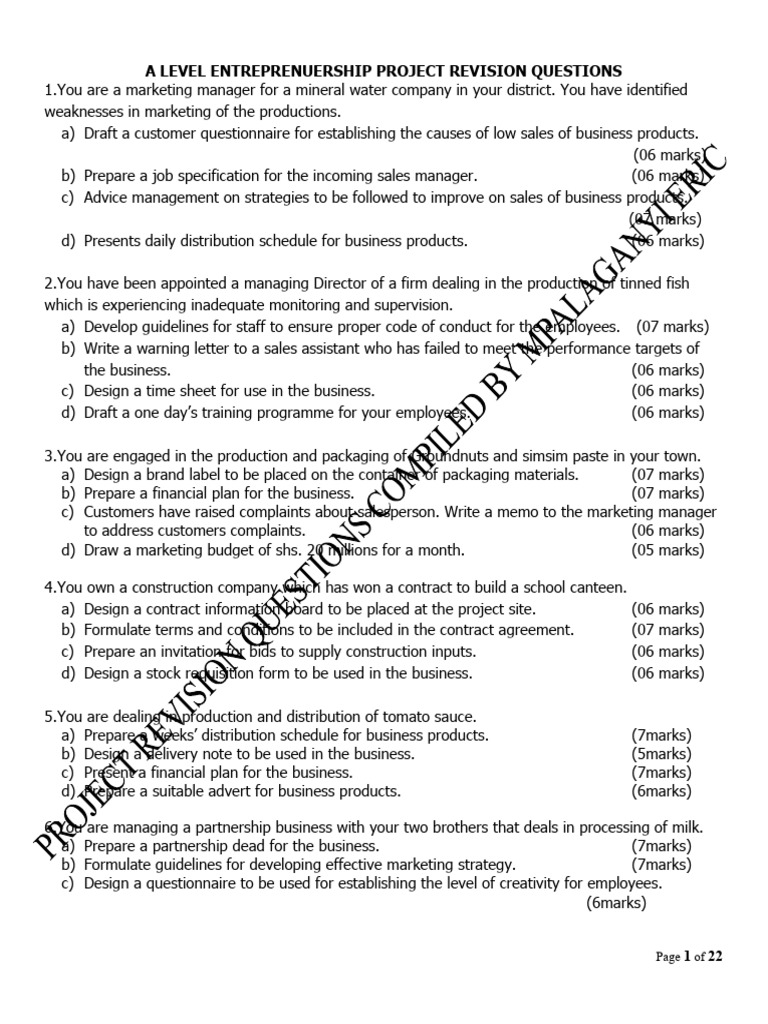 A Level Entrepreneurship Project Questions | PDF