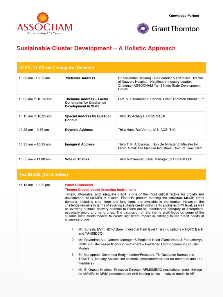 Tentative Agenda - Cluster Development - ASSOCHAM - GT - Knowledge ...