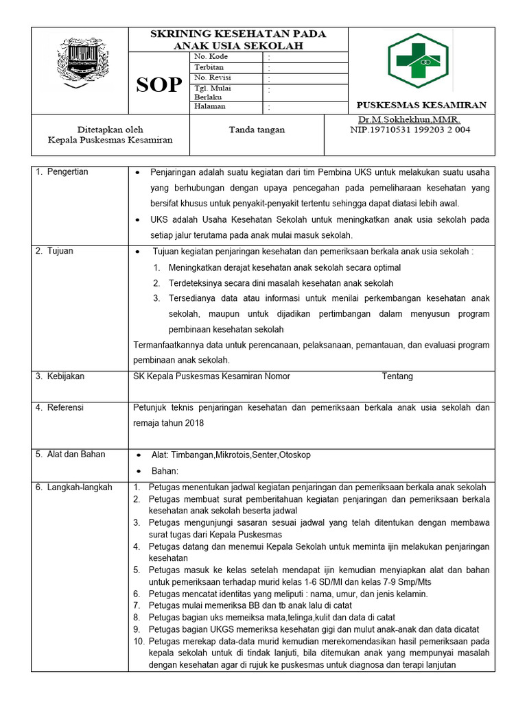 Sop Skrining Kesehatan Pada Anak Usia Sekolah | PDF | Pengembangan Diri ...