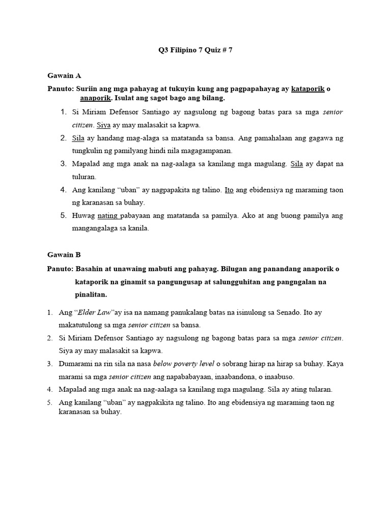 Q3 Filipino 7 Quiz 3 | PDF