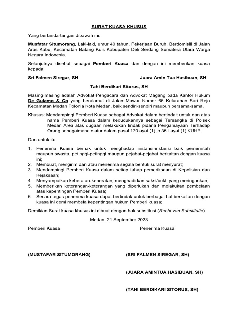 SURAT KUASA KHUSUS Mustafar Situmorang | PDF SURAT KUASA KHUSUS Mustafar Situmorang | PDF
