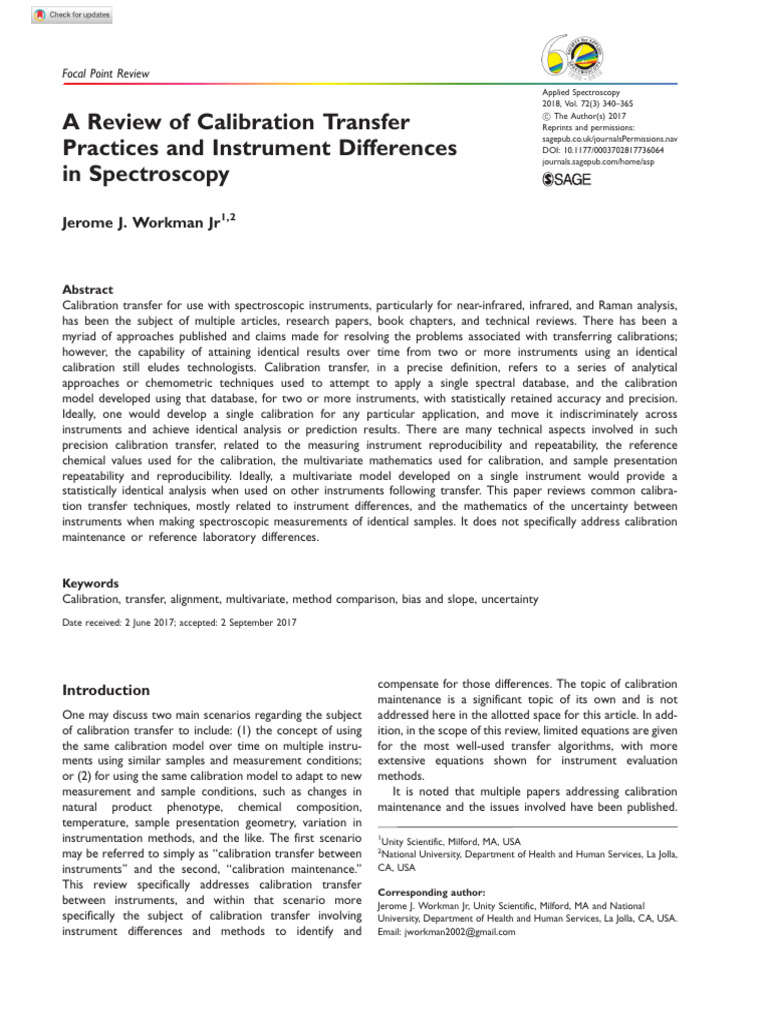 Workman 2017 A Review Of Calibration Transfer Practices And Instrument Differences In Spectros