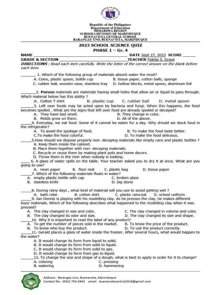 School Science Quiz 2023 Phase 1 2 Final | PDF